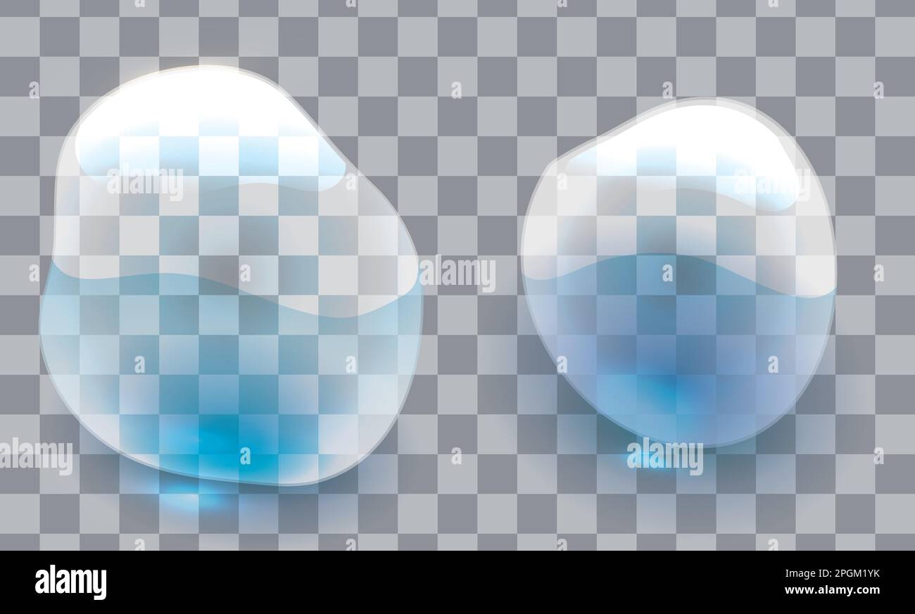 Set with two water drops with transparent effect over gray checkered ...