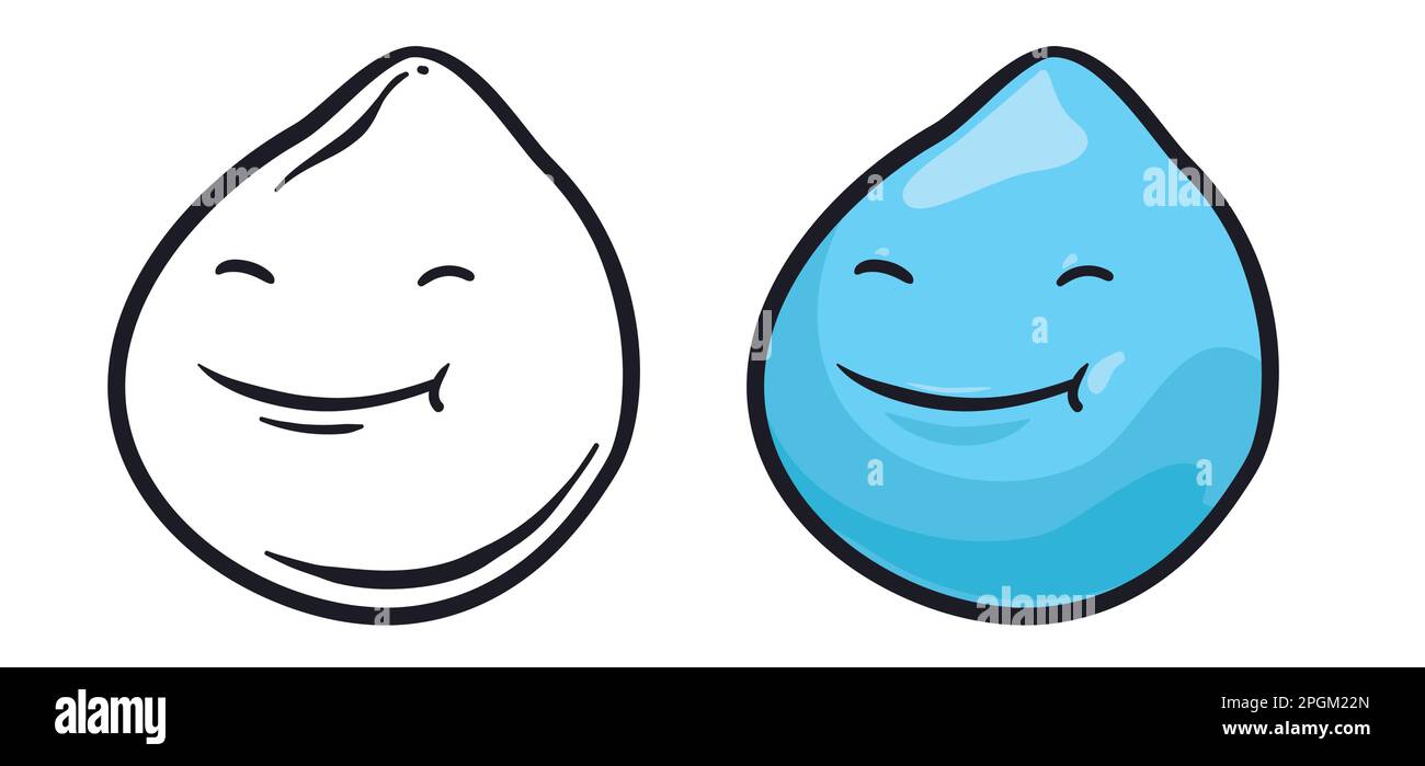 Pair of chubby water drops with cute smiling face, one in outlines for ...