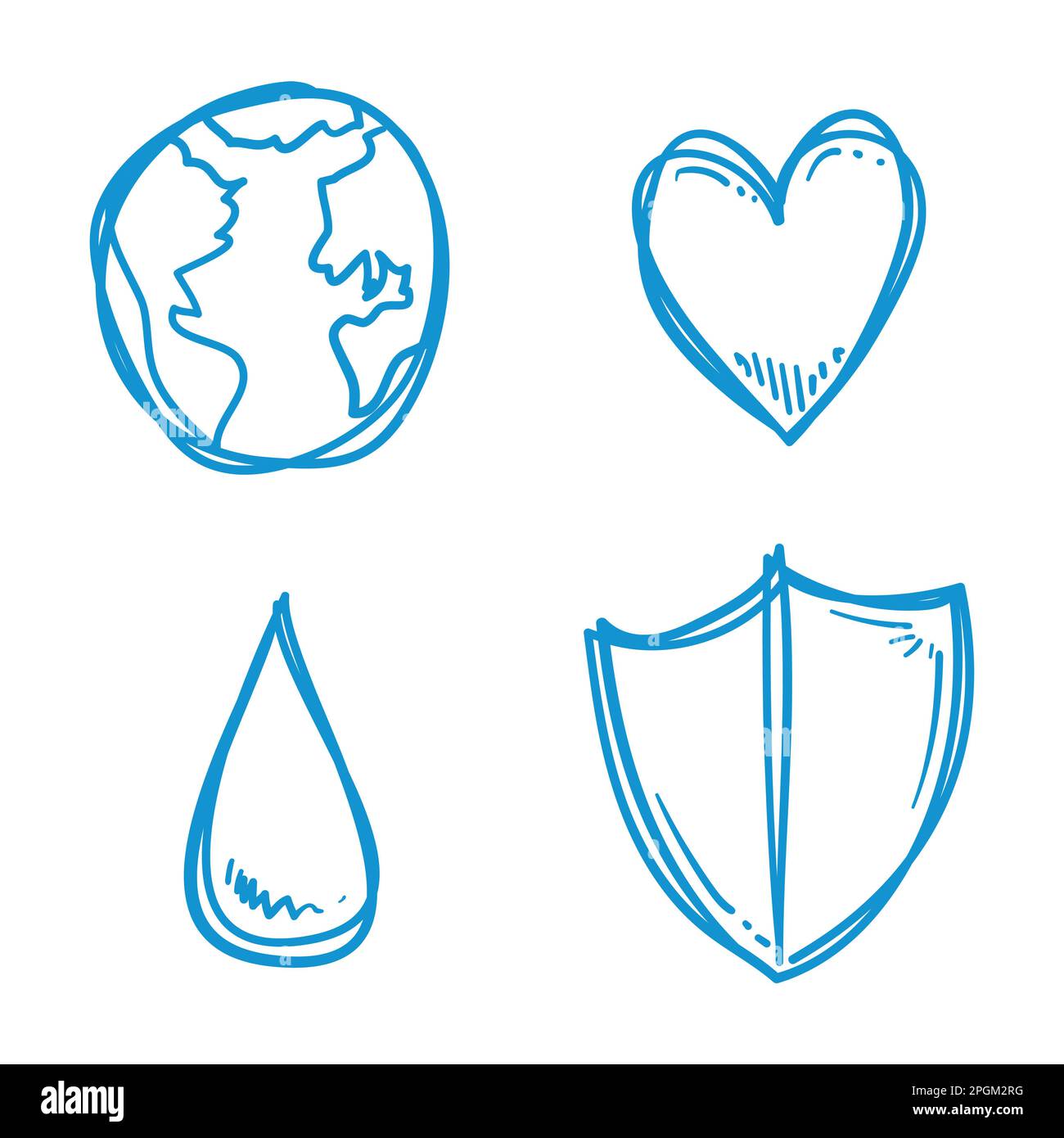Group of objects in doodle style and blue outlines of globe, heart ...