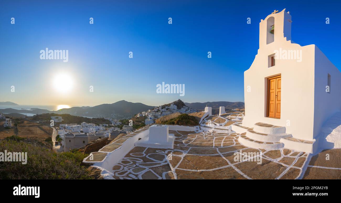Traditional houses, wind mills and churches in Ios island, Cyclades ...