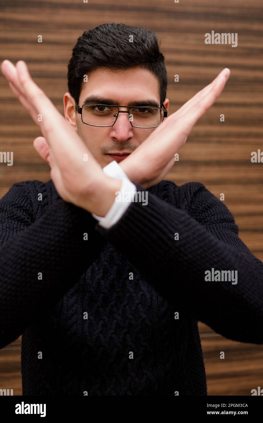 stop hand gesture wrong forbidden rejection refuse Stock Photo - Alamy