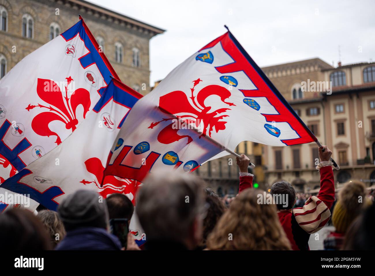 Parade and flag-throwing in the Piazza della Signoria on Feb 18 2023 in ...