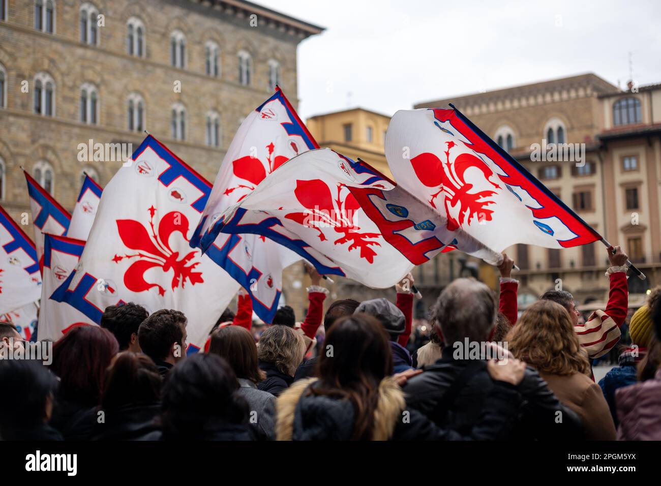 Parade and flag-throwing in the Piazza della Signoria on Feb 18 2023 in ...