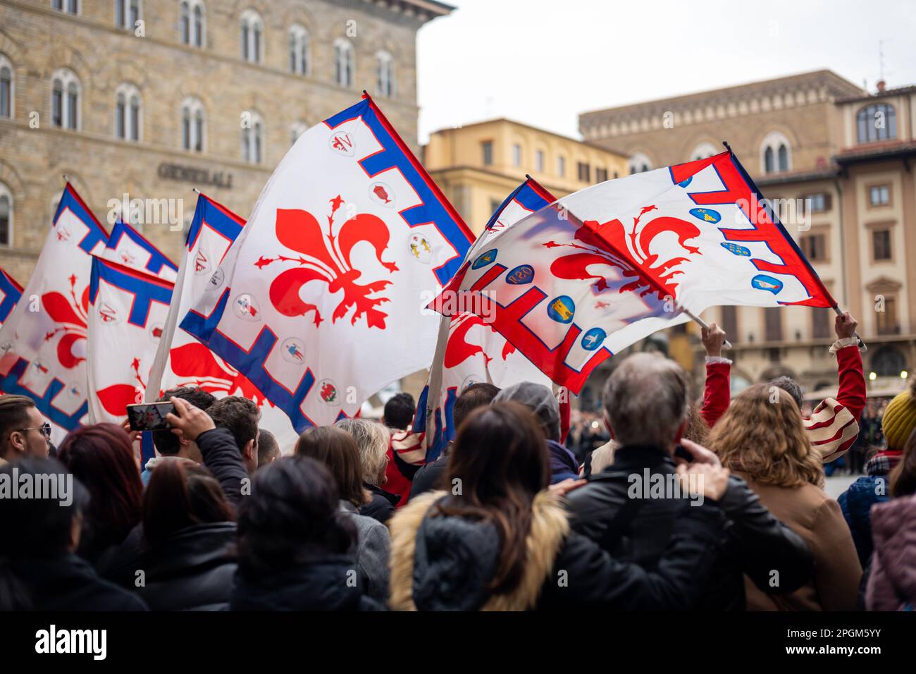 Parade and flag-throwing in the Piazza della Signoria on Feb 18 2023 in ...