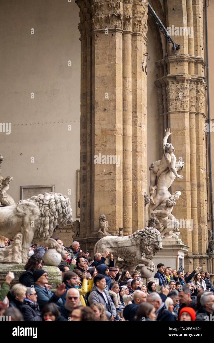 Parade and flag-throwing in the Piazza della Signoria on Feb 18 2023 in ...