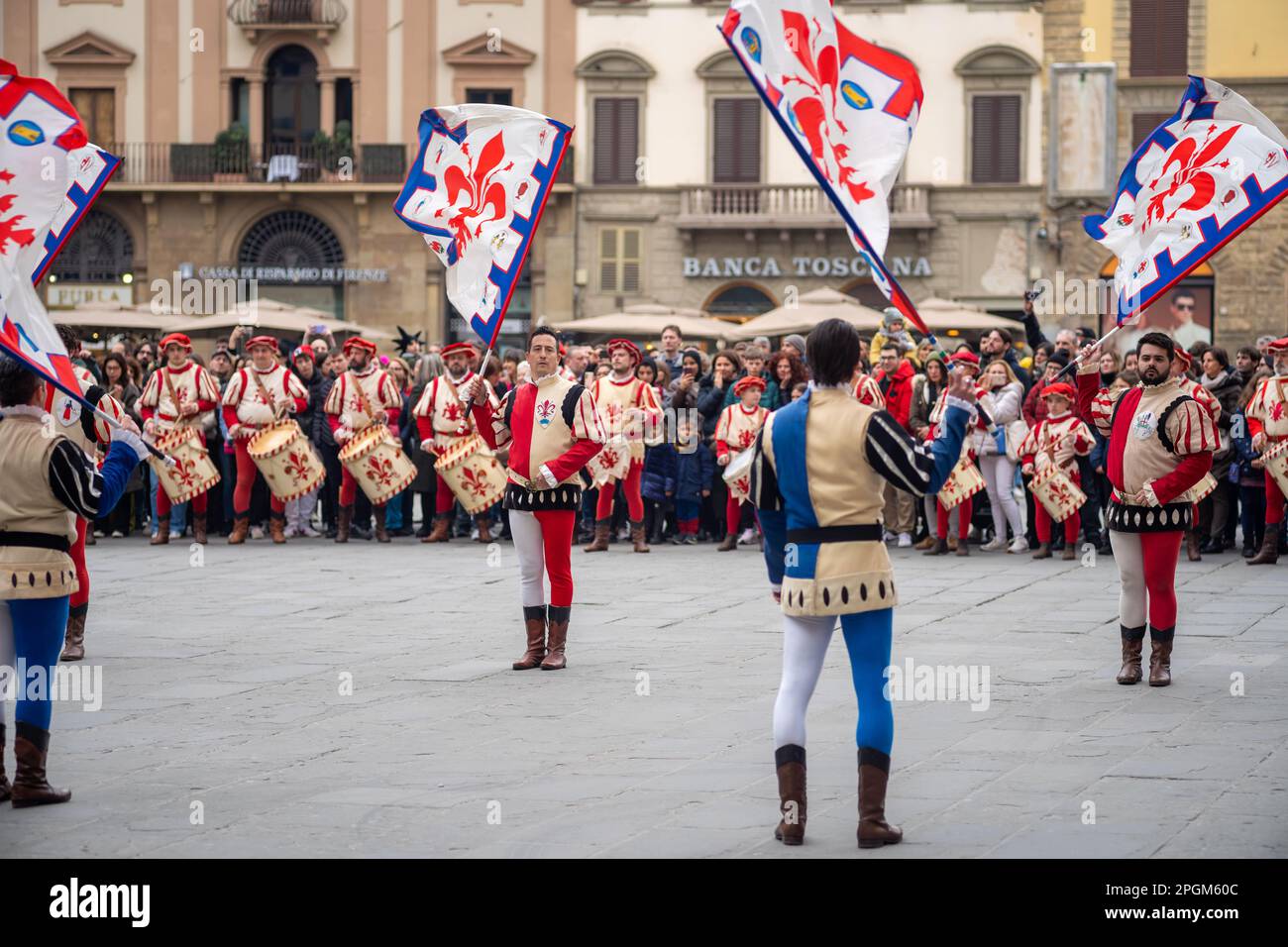 Parade and flag-throwing in the Piazza della Signoria on Feb 18 2023 in ...