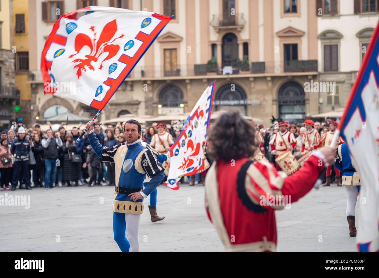 Parade and flag-throwing in the Piazza della Signoria on Feb 18 2023 in ...