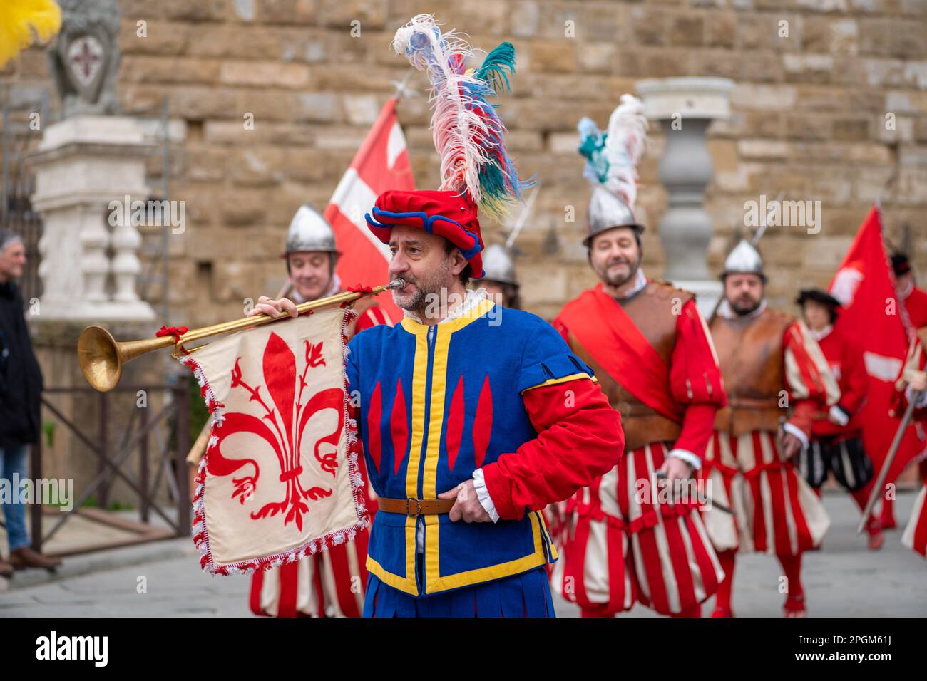 Parade and flag-throwing in the Piazza della Signoria on Feb 18 2023 in ...