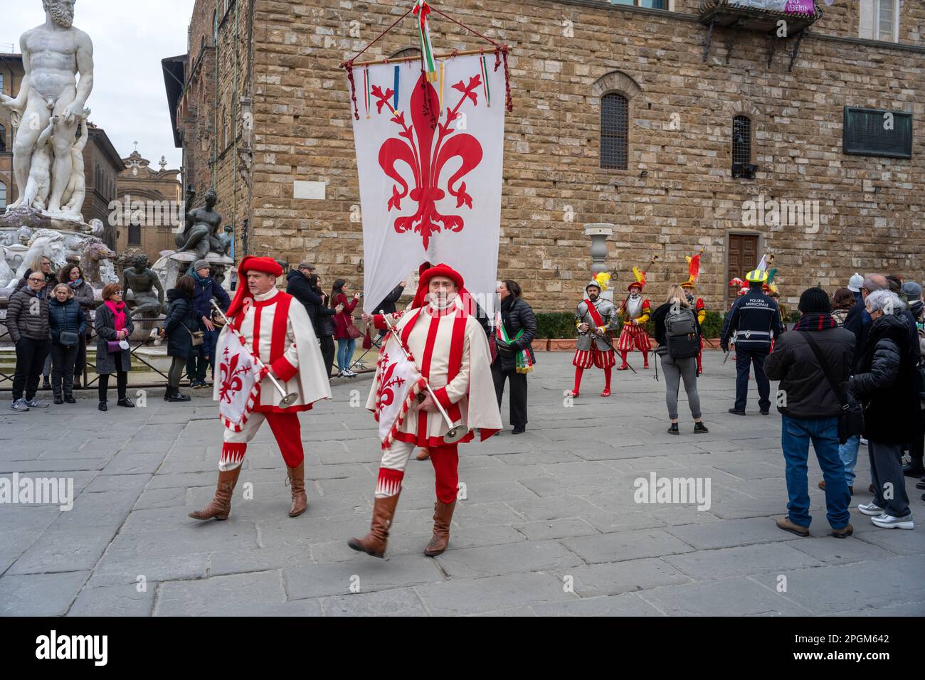 Parade and flag-throwing in the Piazza della Signoria on Feb 18 2023 in ...