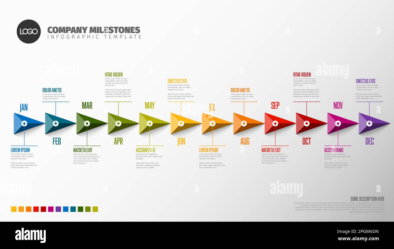 Full year timeline template with all rainbow colored months on a ...