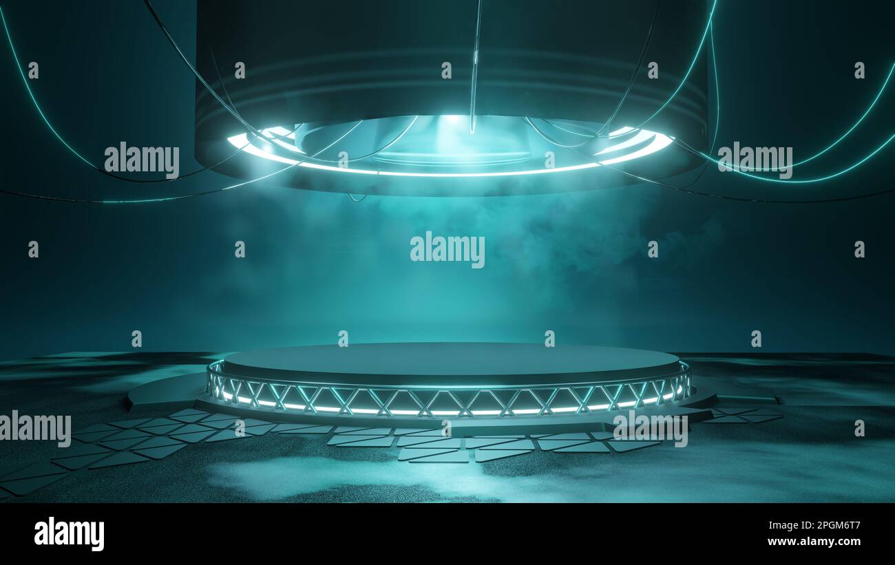 A large round futuristic platform podium stage with neon lighting. 3D ...