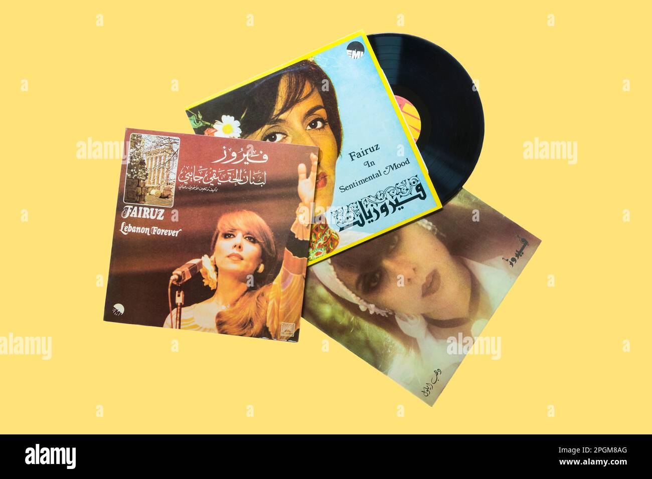 Fairuz vinyl records on yellow background, Lebanese famous singer Stock Photo - Alamy