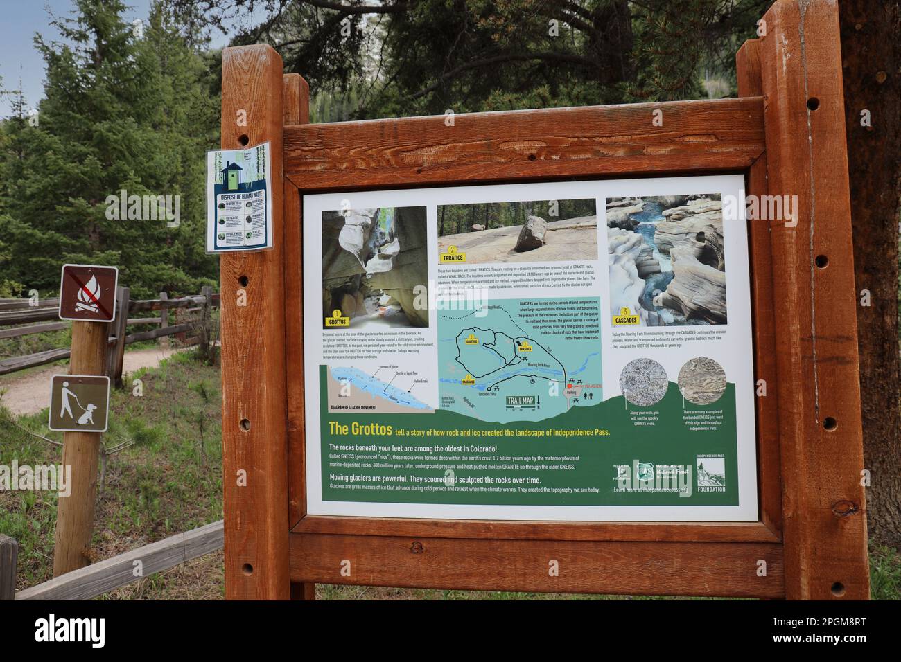 Informational signs at The Grottos trailhead in Aspen, Colorado, USA ...