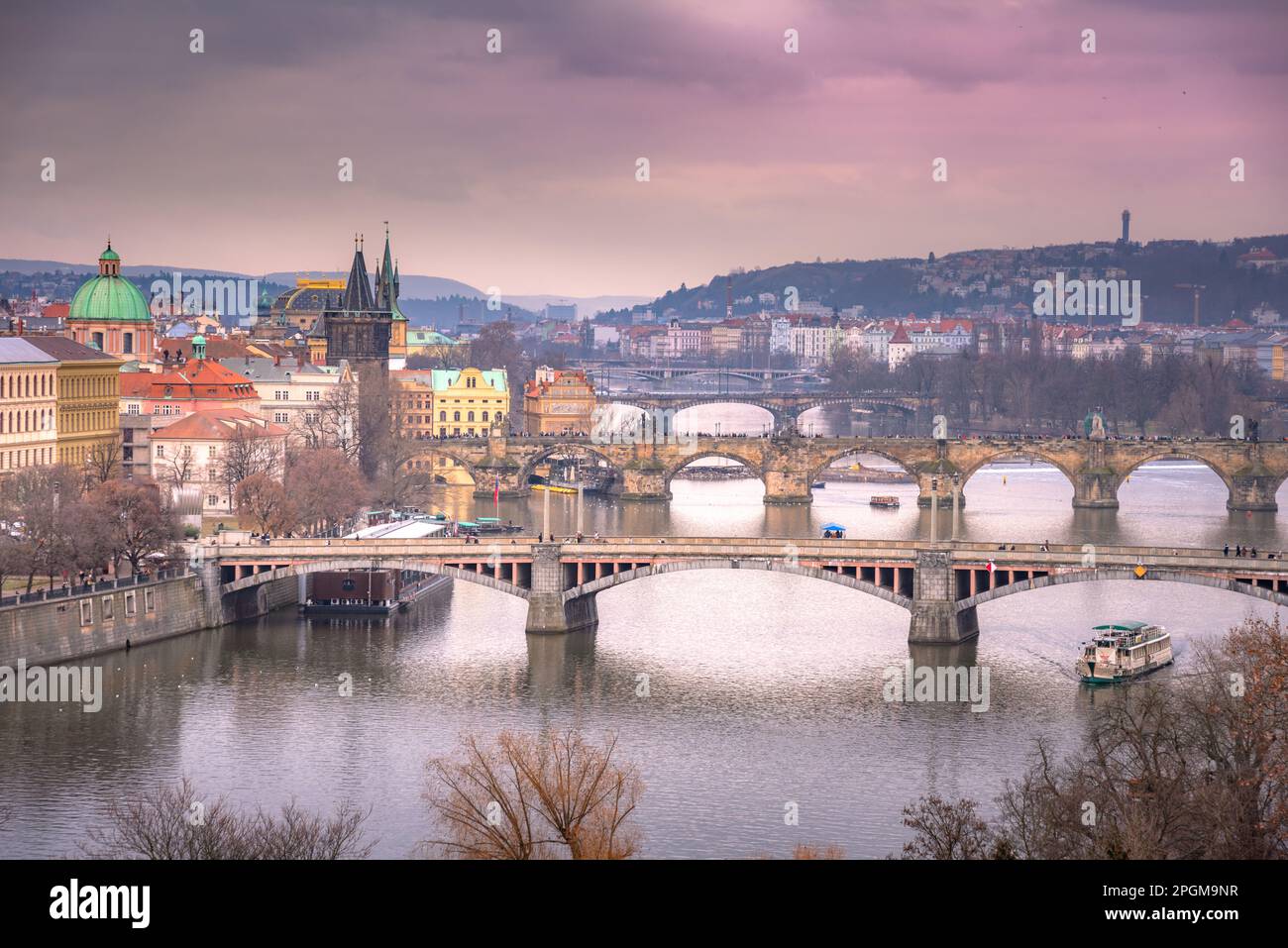 Cityscape of Prague with medieval towers and colorful buildings, Czech ...