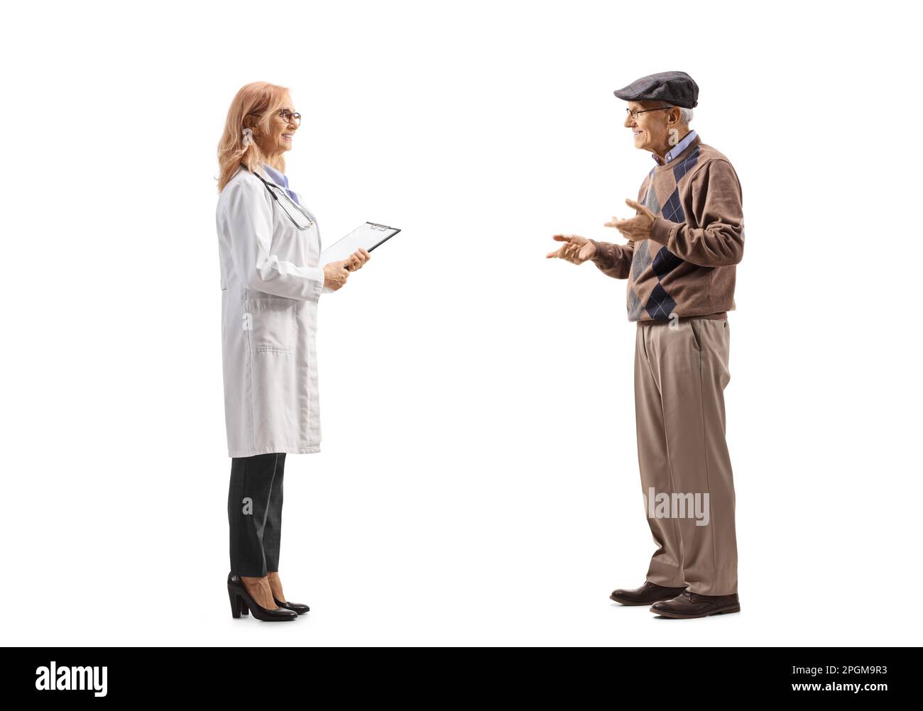 Full length profile shot of a senior patient talking to a female ...