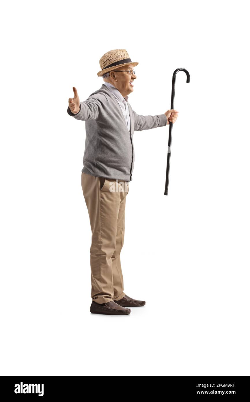 Excited elderly man waiting with arms wide open isolated on white ...