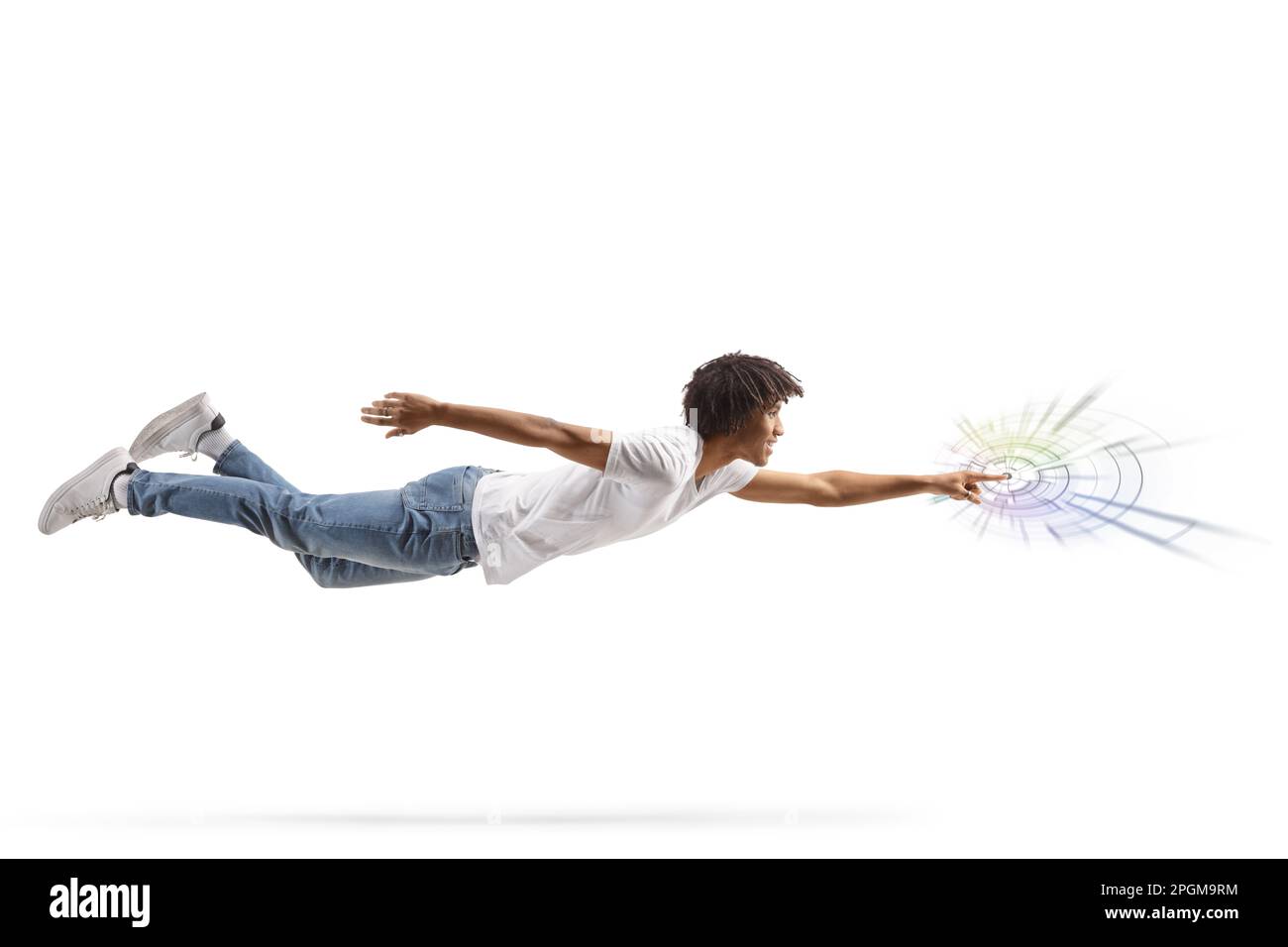 African american guy flying and touching a digital network isolated on ...