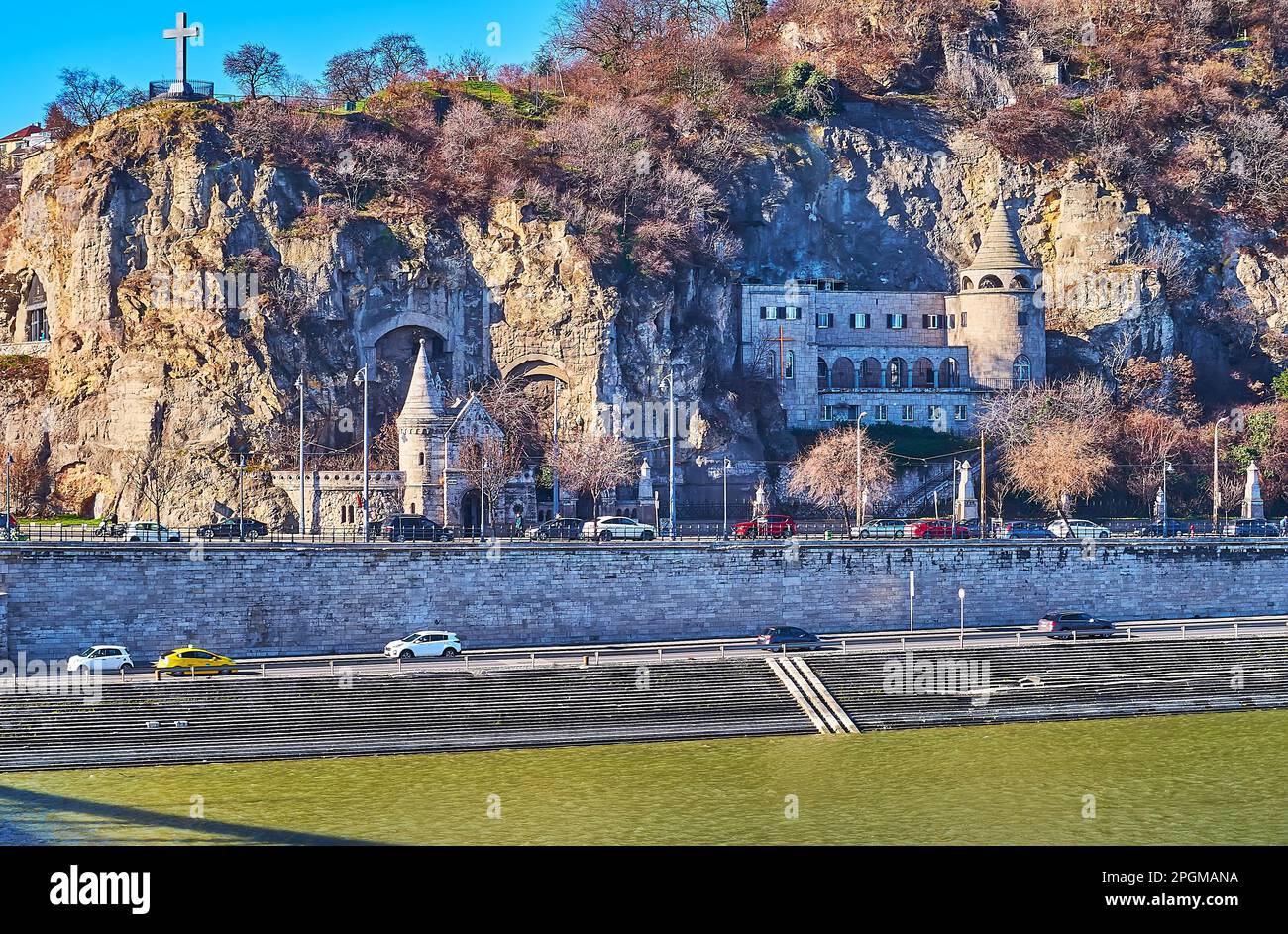 The carved stone historic buildings of Pauline Monastery on the steep ...