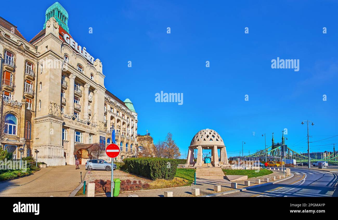Panorama with the scenic stone Source House on Gellert Square with ...
