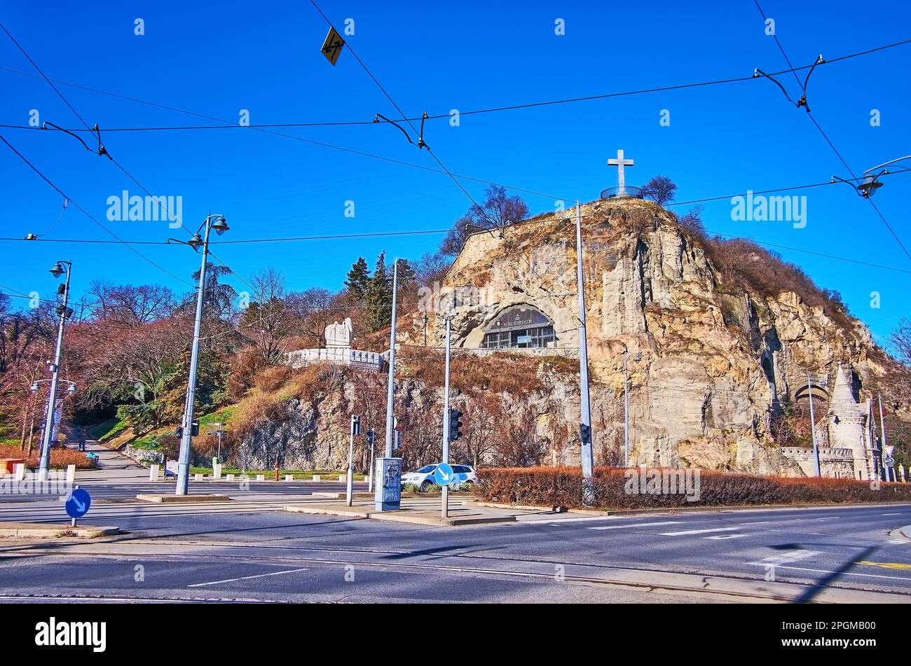 St Gellert Square opens the view of the rocky slope of Gellert Hill ...