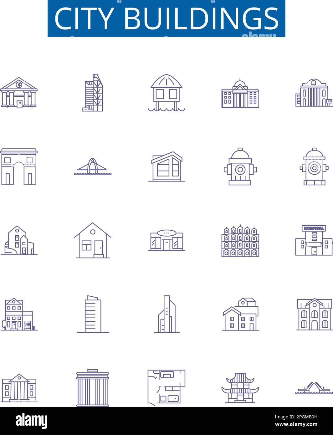 City buildings line icons signs set. Design collection of Skyscrapers, Towers, Complexes ...