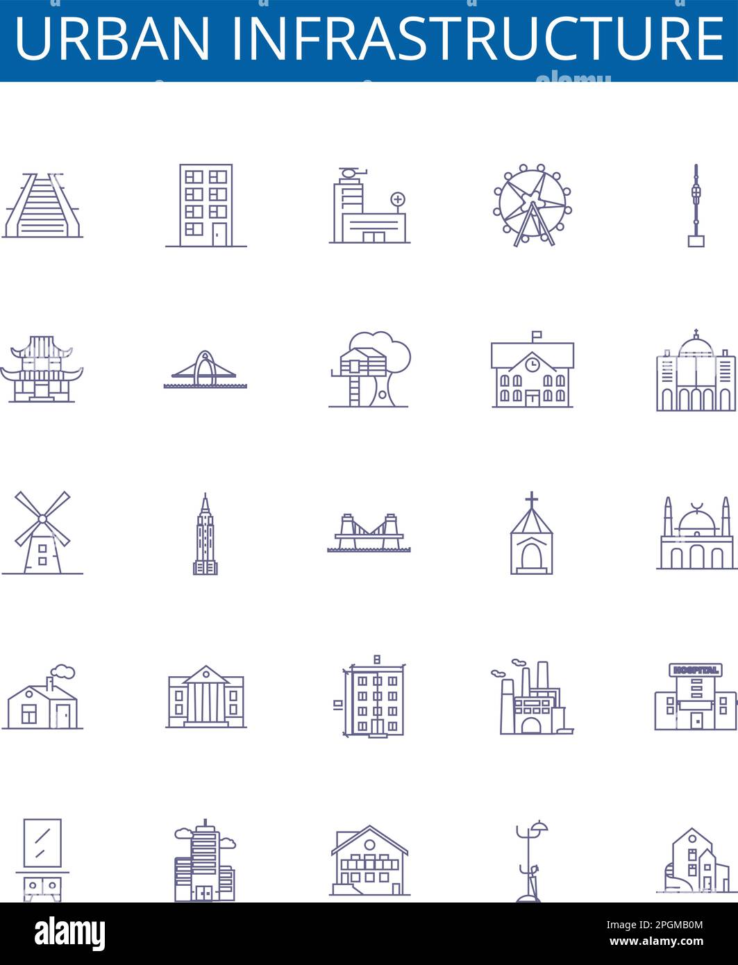 Urban infrastructure line icons signs set. Design collection of Cityscape, Roads, Bridges ...