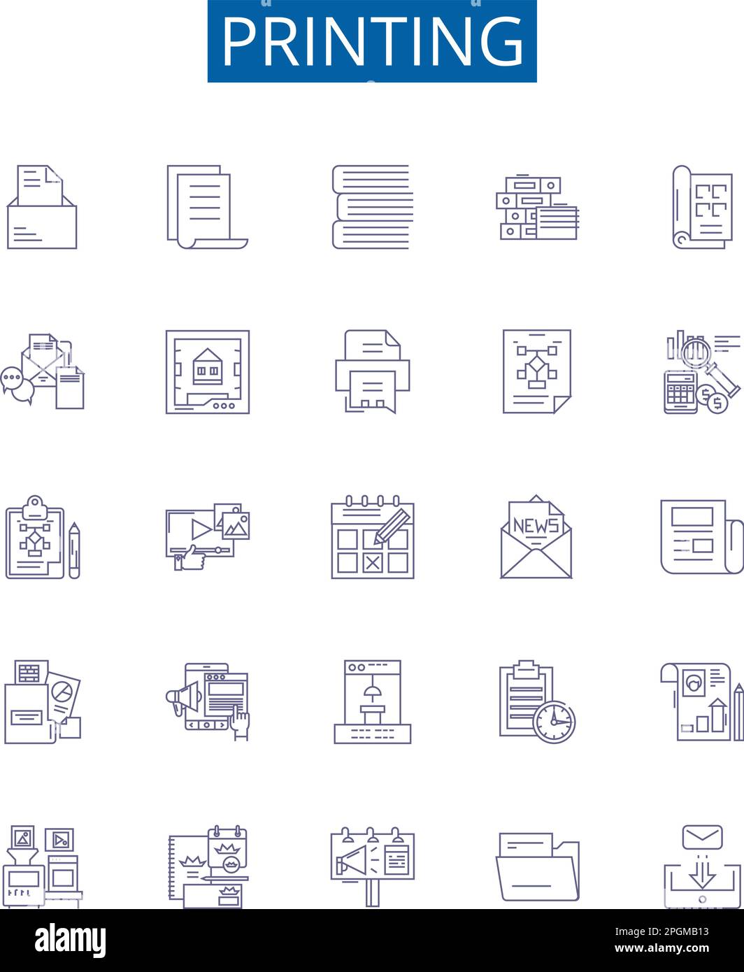 Printing line icons signs set. Design collection of Printing, Ink, Paper, Laser, Press, Colour ...