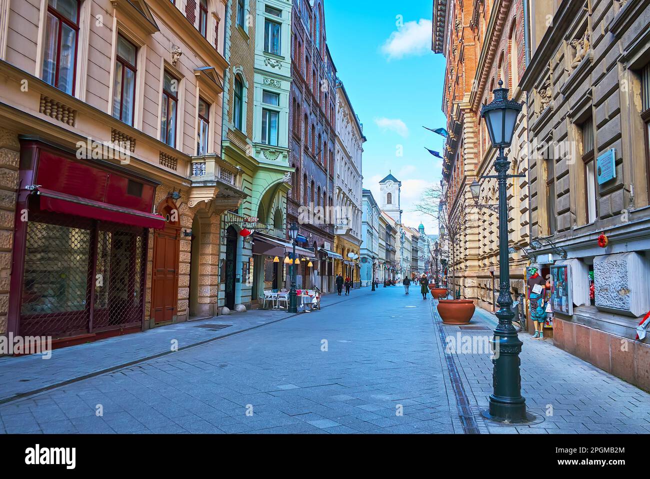 Historic dense housing of Vaci Street, one of the most popular tourist ...