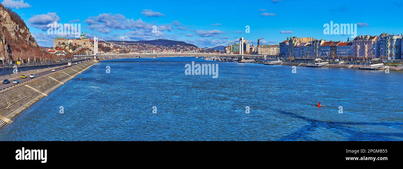 Panorama of deep blue rippled waters of Danube River with Elisabeth ...