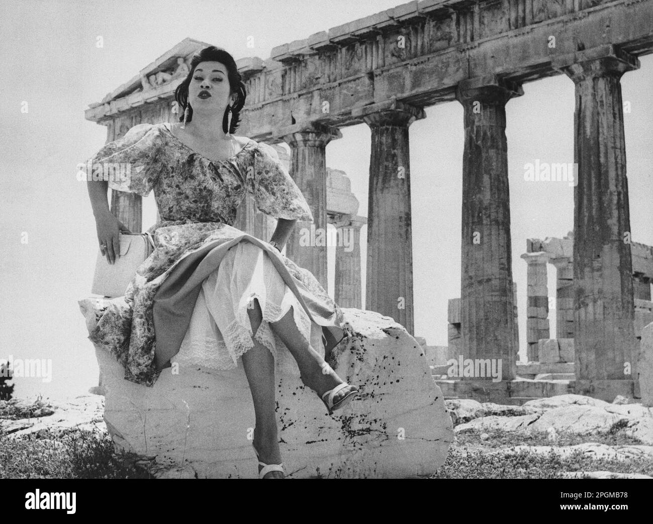 Peruvian singer Yma Sumac poses in front of the Parthenon on the ...