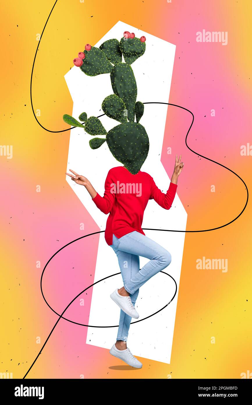 Creative weird image collage of freak person with desert cactus tree ...