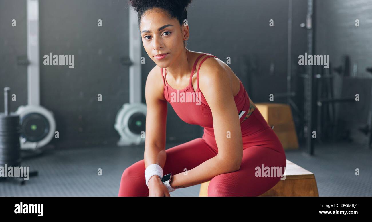 Exercise, motivation and portrait of black woman at the gym ready for ...