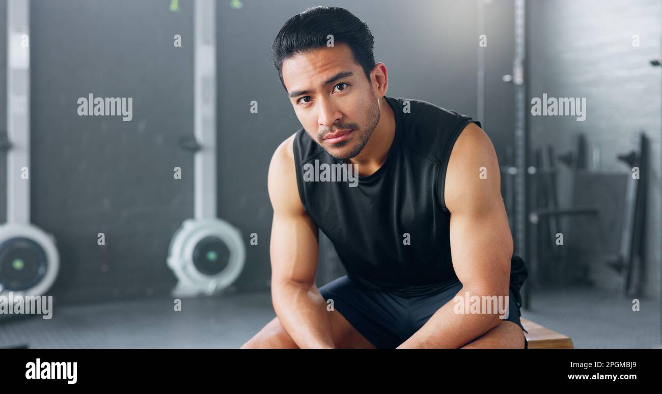 Gym, sports man and fitness training by man serious about health ...