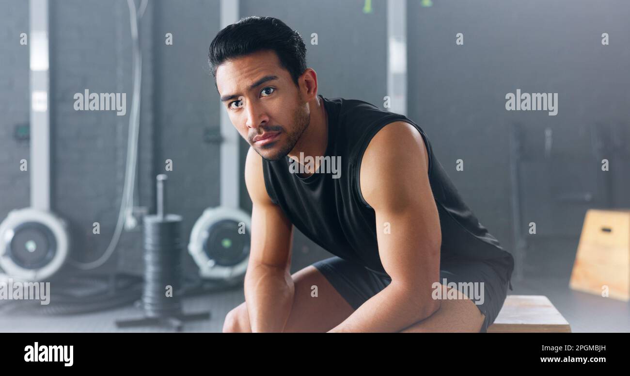 Portrait of man, fitness and healthy gym sports muscle training athlete ...