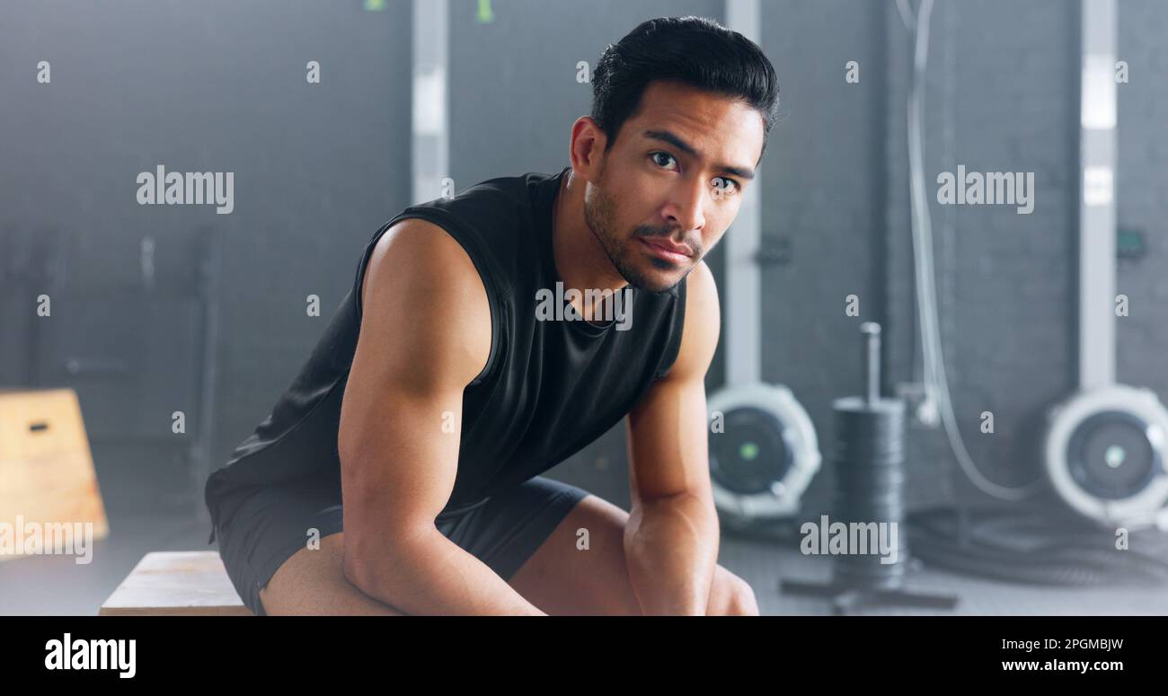 Portrait of man, fitness and healthy gym sports muscle training athlete ...