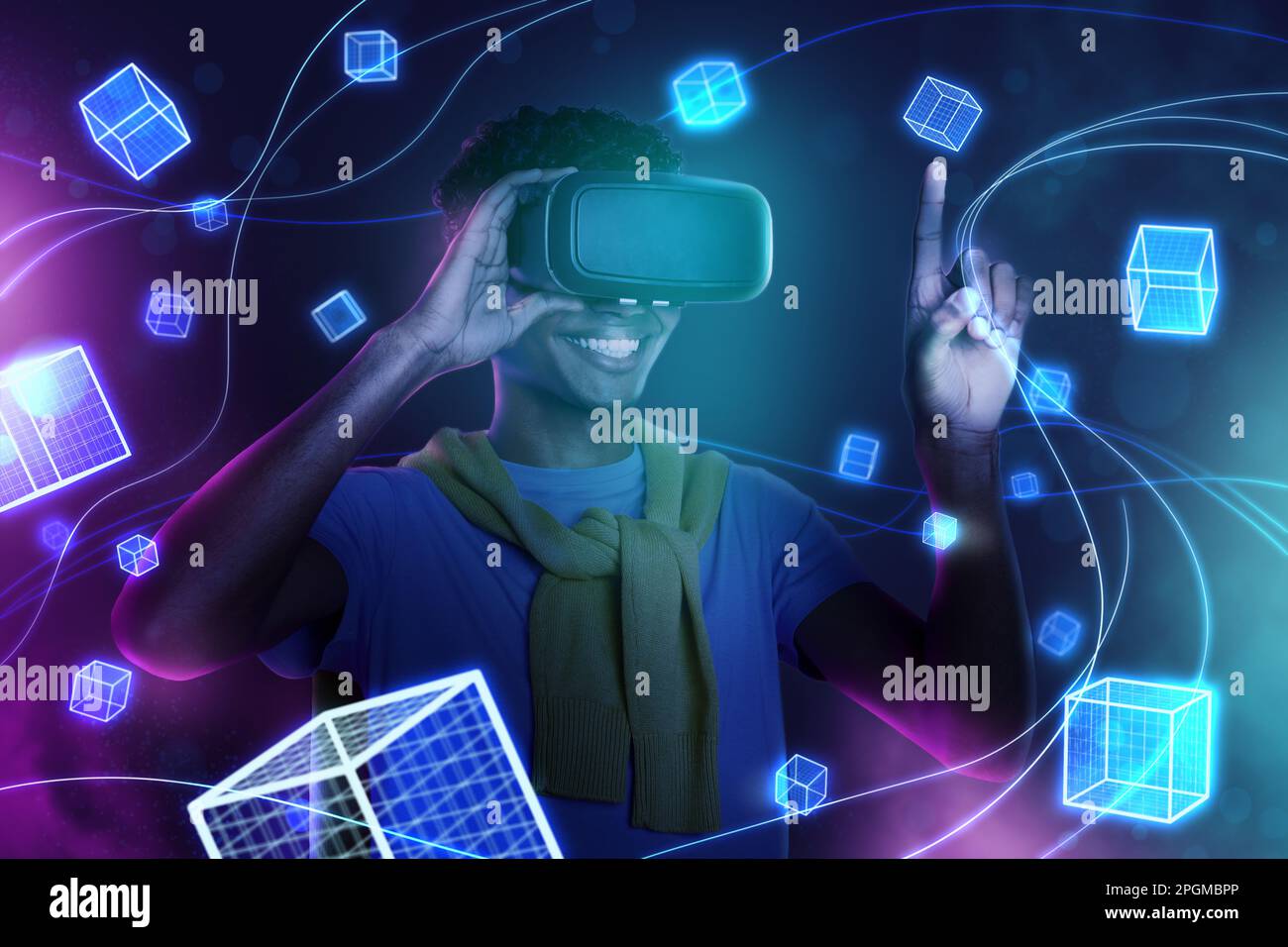 Creative picture template of millennial guy touch finger screen virtual ...