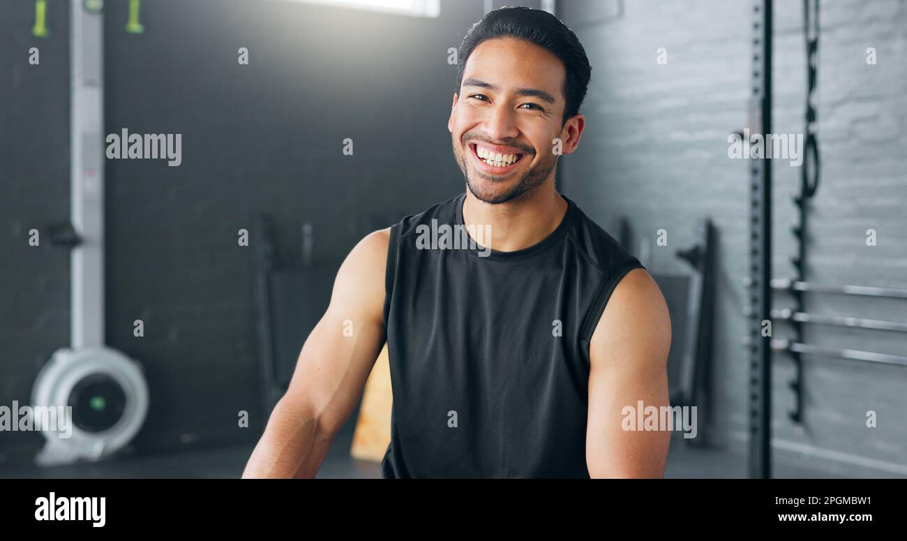 Fitness, exercise and laughing with a man in a gym for a workout or ...