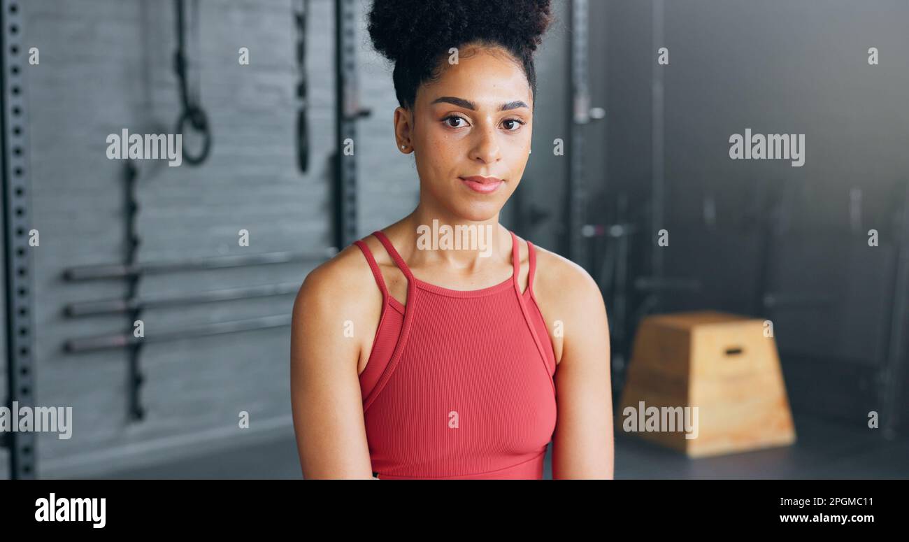Exercise, motivation and portrait of black woman at the gym ready for ...