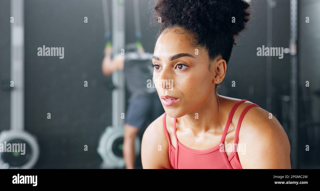 Fitness, gym and woman tired from training and exhausted with body ...