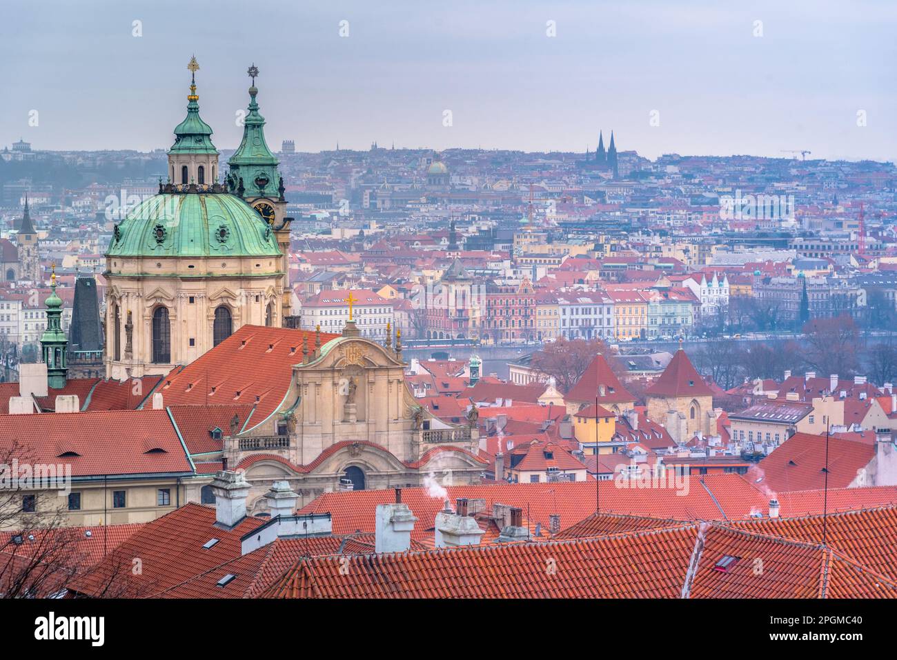 Cityscape of Prague with medieval towers and colorful buildings, Czech ...