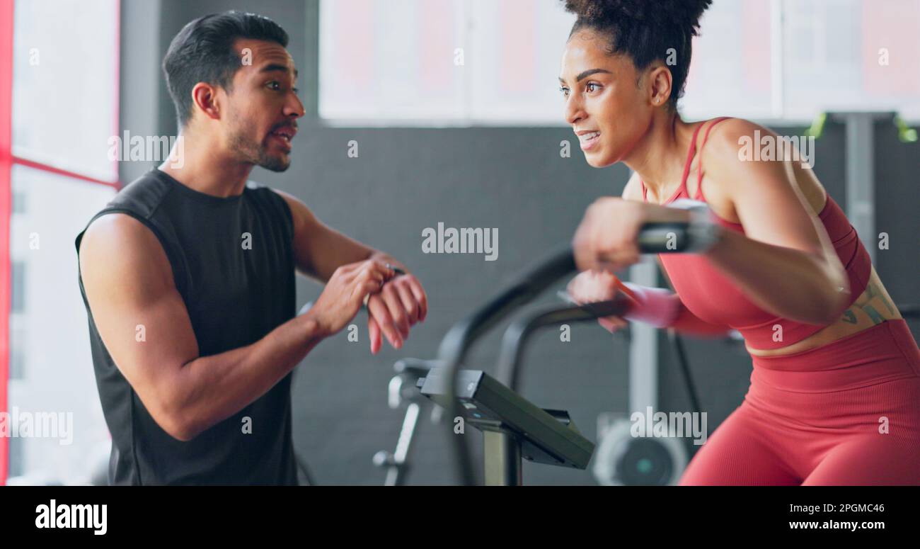 Fitness couch, gym athlete and training time of a woman workout and man ...