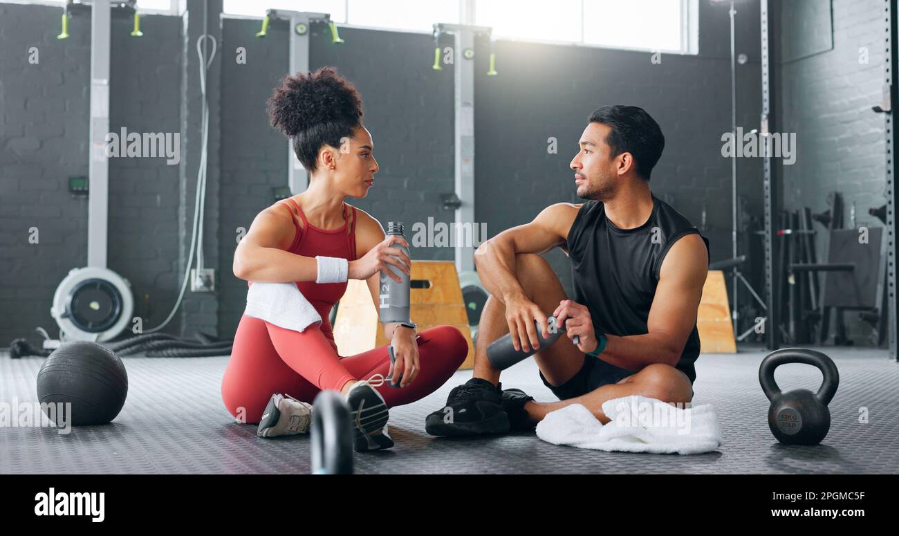 Personal trainer man, woman gym and exercise plan with.a fitness instructor training routine ...