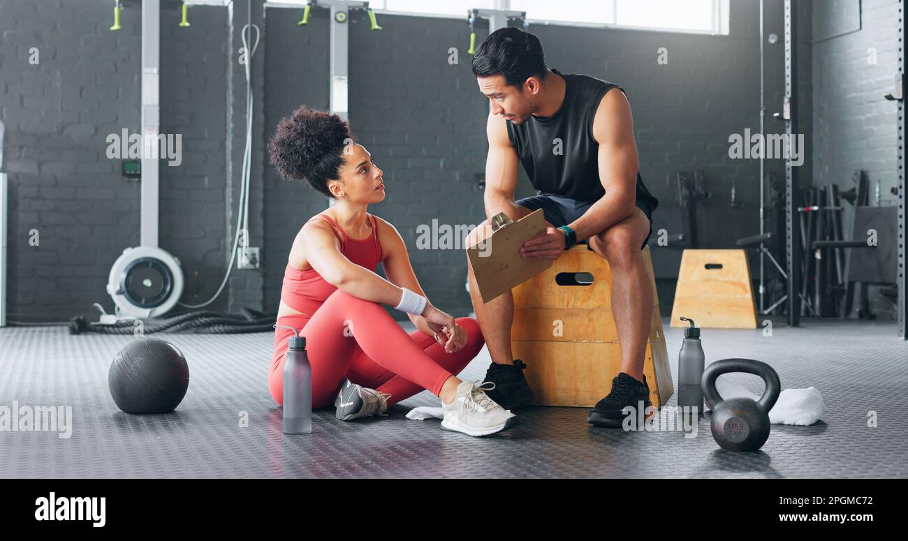 Personal trainer man, woman gym and exercise plan with.a fitness instructor training routine ...