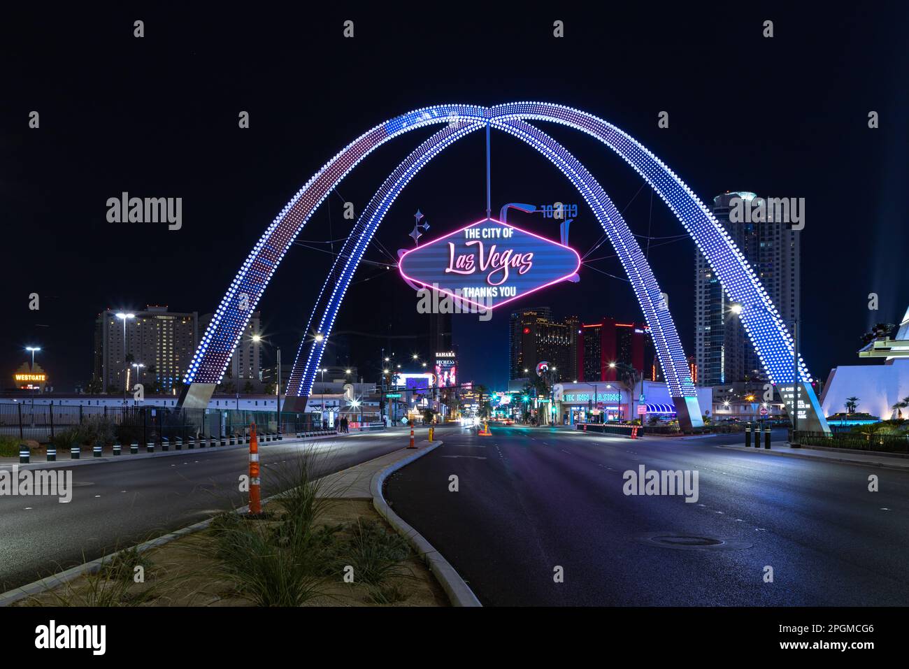 A picture of the Las Vegas Boulevard Gateway Arches at night Stock ...