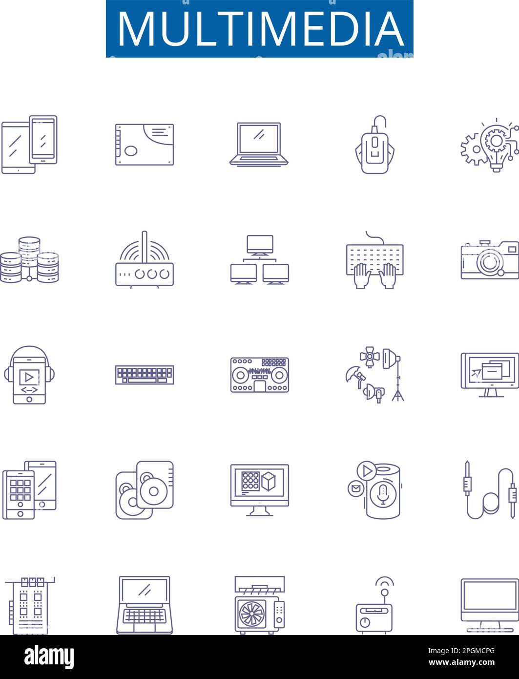 Multimedia line icons signs set. Design collection of Audio, Video, Graphics, Animation, Photos ...