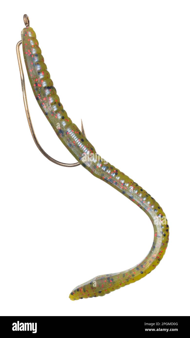 Light brown rubber fishing worm rigged up to be weedless on a hook ...