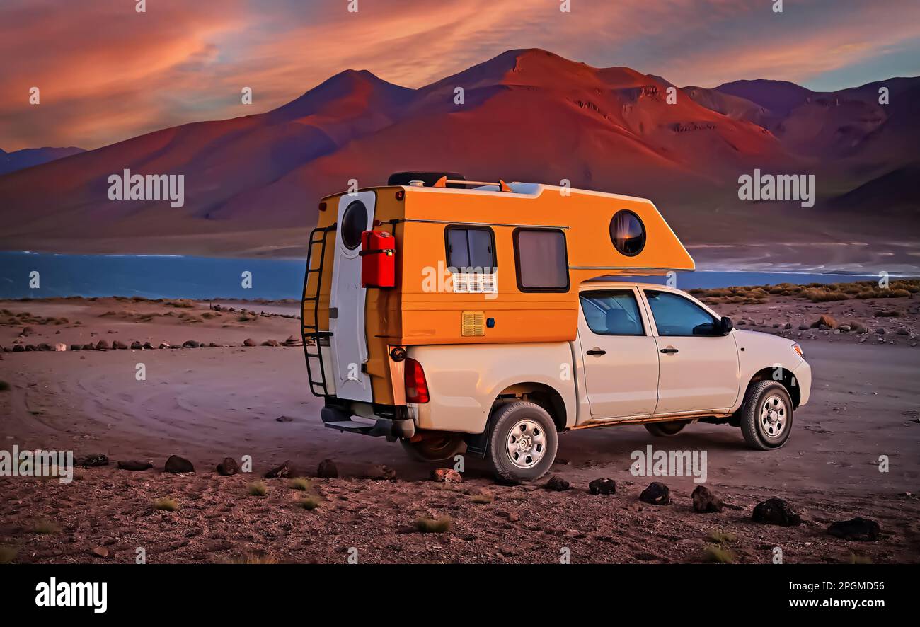 One 4x4 camper truck on lonely camp site at high lake plateau in andes ...