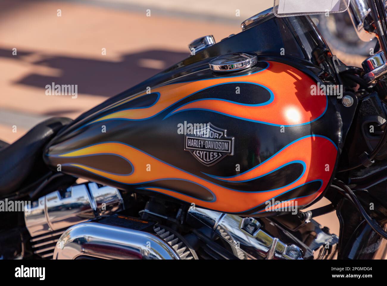 A picture of a Harley-Davidson motorcycle with flames on the fuel tank ...