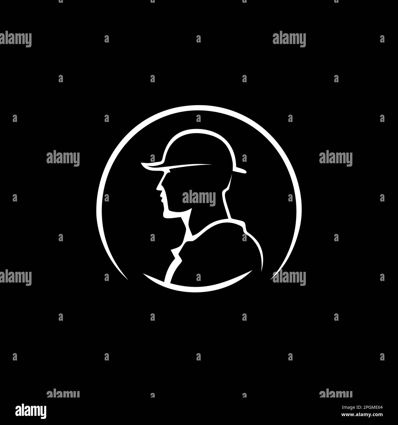 Man head in helmet linear silhouette, building service emblem, master ...
