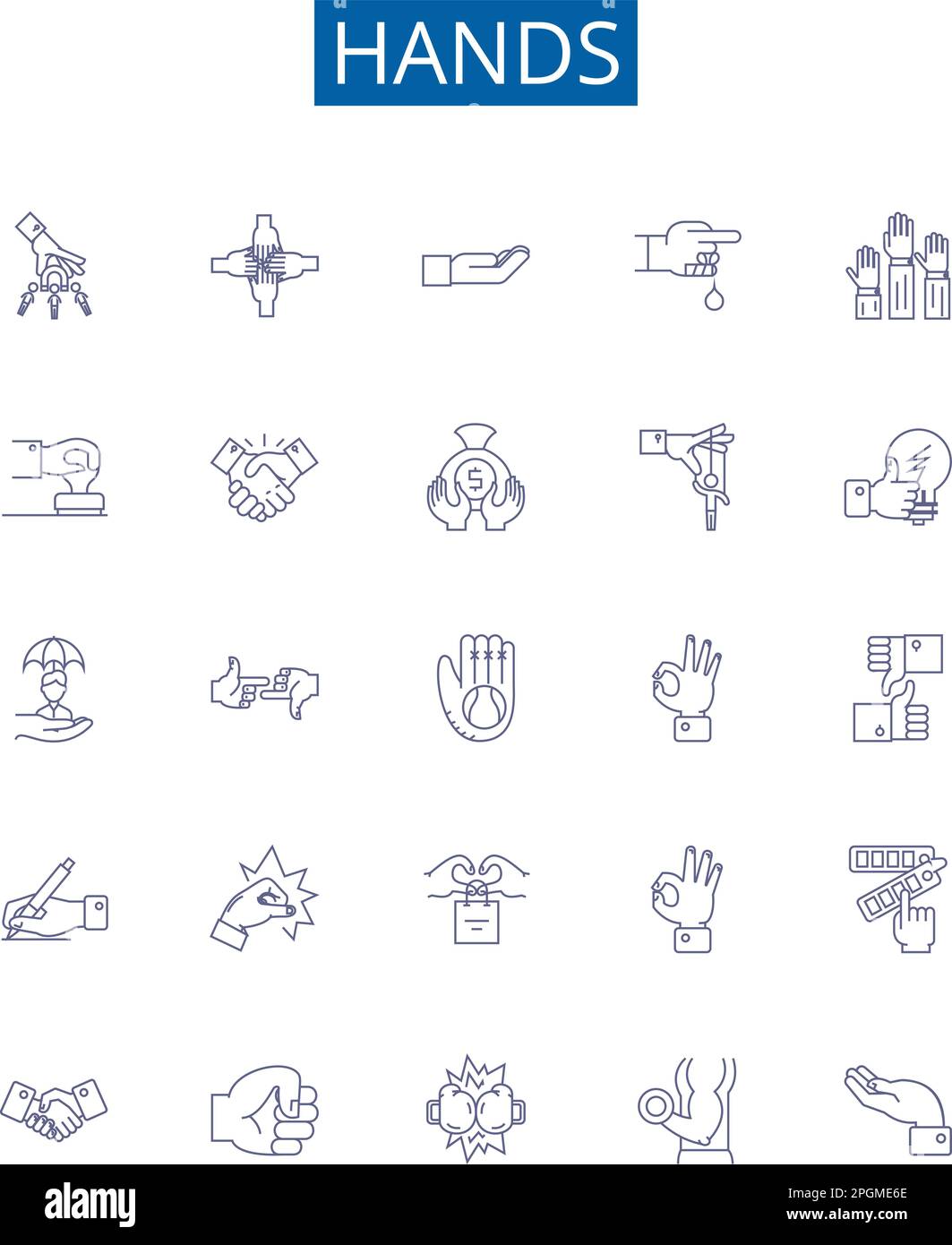 Hands line icons signs set. Design collection of Palms, Clenched, Reach ...